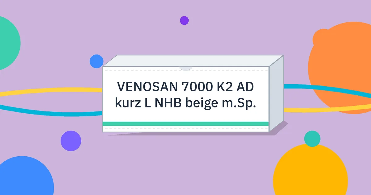 Symbolbild: Packung mit der Aufschrift VENOSAN 7000 K2 AD kurz L NHB beige m.Sp. (PZN 14434506) – Verfügbarkeit und Bezug in Apotheken in Frankfurt am Main