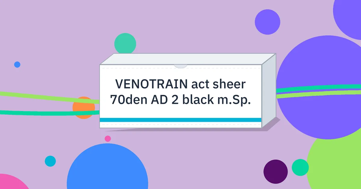Symbolbild: Packung mit der Aufschrift VENOTRAIN act sheer 70den AD 2 black m.Sp. (PZN 16208843) – Verfügbarkeit und Bezug in Apotheken in Frankfurt am Main