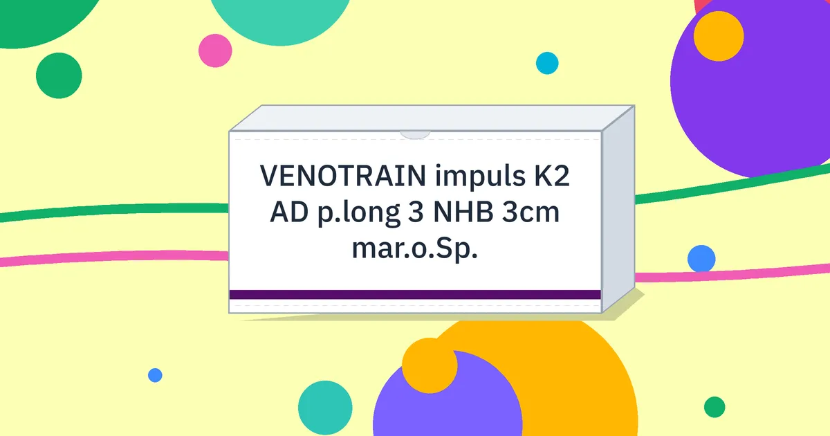 Symbolbild: Packung mit der Aufschrift VENOTRAIN impuls K2 AD p.long 3 NHB 3cm mar.o.Sp. (PZN 15223964) – Verfügbarkeit und Bezug in Apotheken in Frankfurt am Main