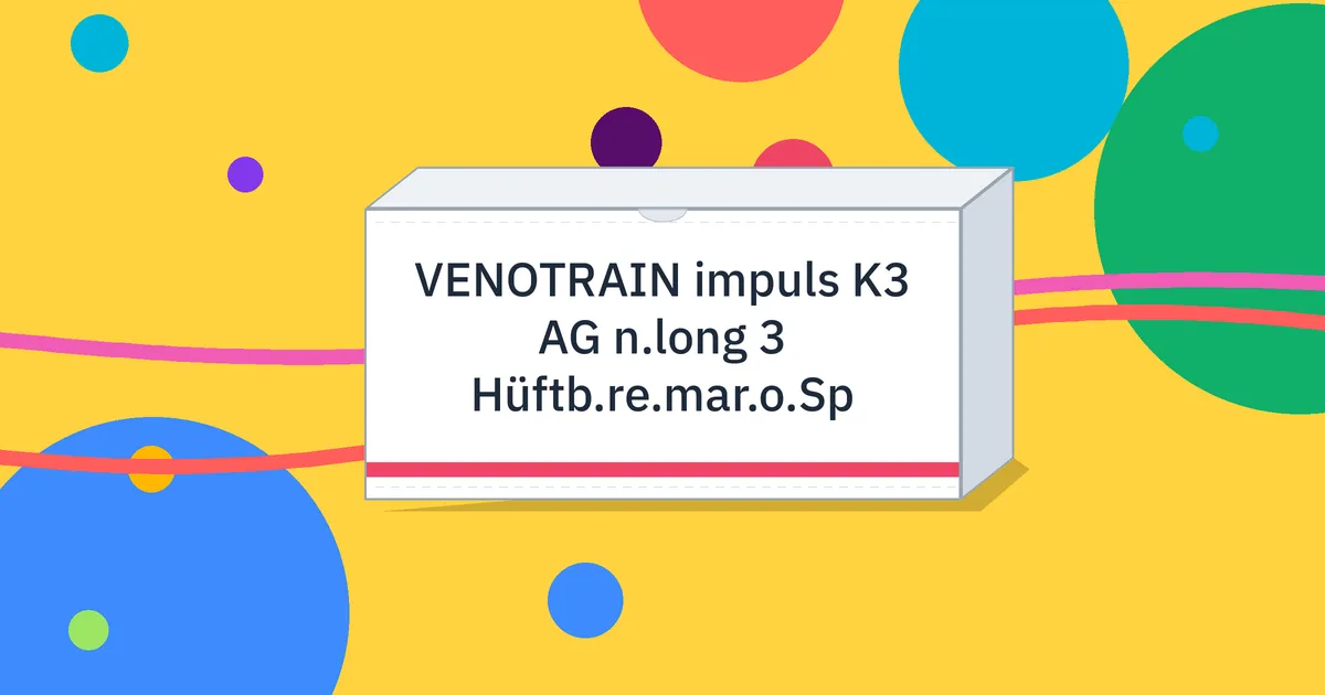 Symbolbild: Packung mit der Aufschrift VENOTRAIN impuls K3 AG n.long 3 Hüftb.re.mar.o.Sp (PZN 15217900) – Verfügbarkeit und Bezug in Apotheken in Frankfurt am Main