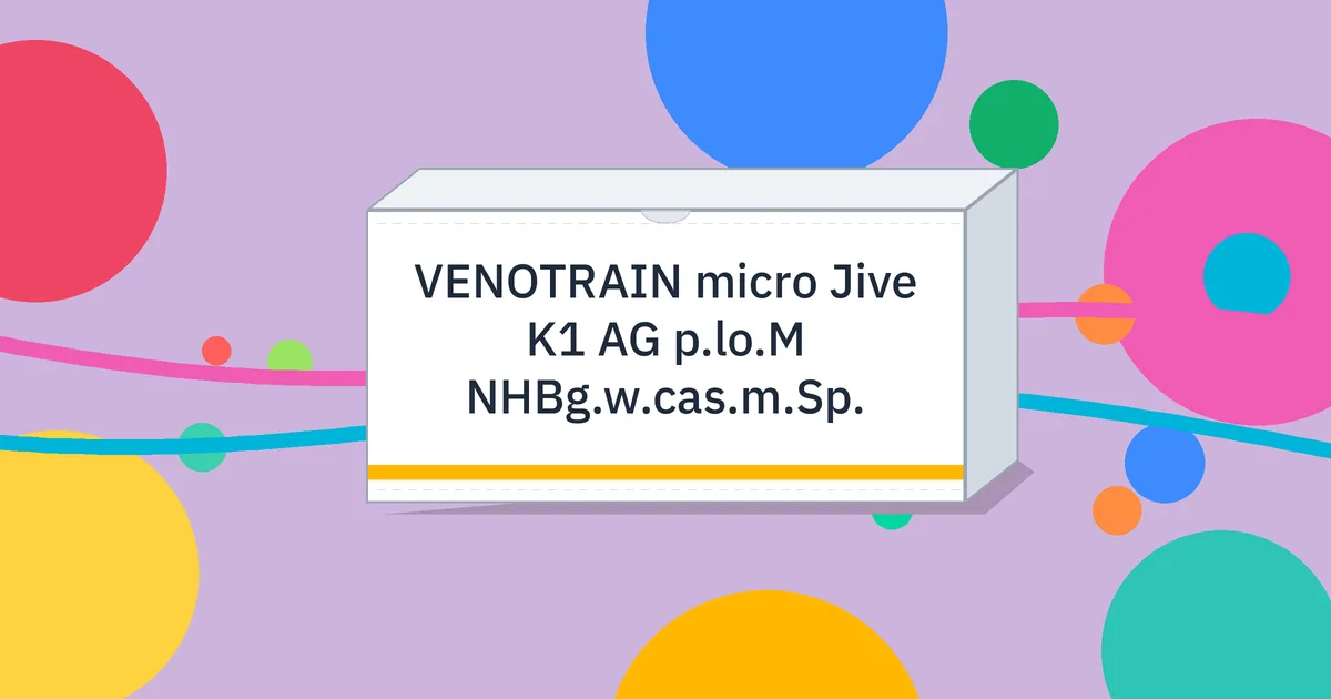Symbolbild: Packung mit der Aufschrift VENOTRAIN micro Jive K1 AG p.lo.M NHBg.w.cas.m.Sp. (PZN 20767956) – Verfügbarkeit und Bezug in Apotheken in Frankfurt am Main