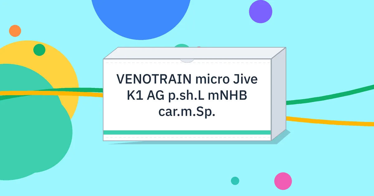 Symbolbild: Packung mit der Aufschrift VENOTRAIN micro Jive K1 AG p.sh.L mNHB car.m.Sp. (PZN 17758729) – Verfügbarkeit und Bezug in Apotheken in Frankfurt am Main