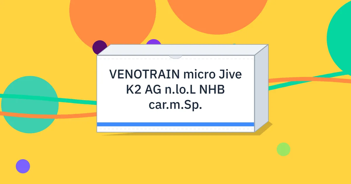 Symbolbild: Packung mit der Aufschrift VENOTRAIN micro Jive K2 AG n.lo.L NHB car.m.Sp. (PZN 17764380) – Verfügbarkeit und Bezug in Apotheken in Frankfurt am Main