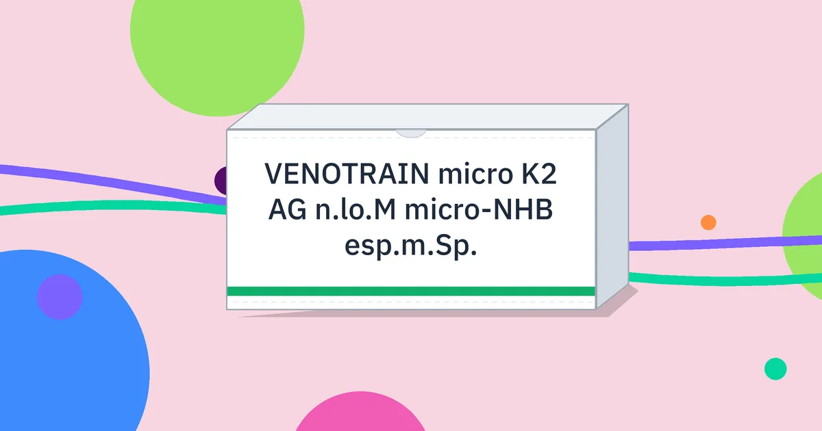 Symbolbild: Packung mit der Aufschrift VENOTRAIN micro K2 AG n.lo.M micro-NHB esp.m.Sp. (PZN 16066886) – Verfügbarkeit und Bezug in Apotheken in Frankfurt am Main