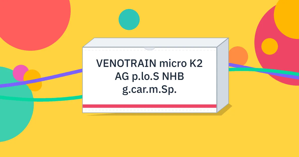 Symbolbild: Packung mit der Aufschrift VENOTRAIN micro K2 AG p.lo.S NHB g.car.m.Sp. (PZN 05999468) – Verfügbarkeit und Bezug in Apotheken in Frankfurt am Main