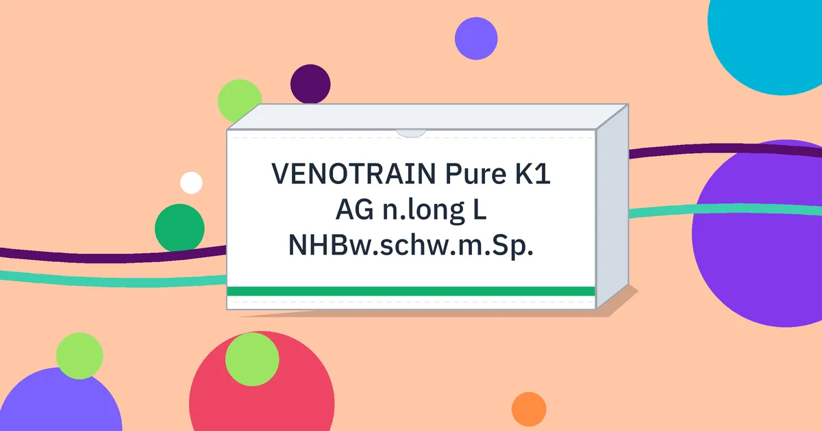 Symbolbild: Packung mit der Aufschrift VENOTRAIN Pure K1 AG n.long L NHBw.schw.m.Sp. (PZN 18150680) – Verfügbarkeit und Bezug in Apotheken in Frankfurt am Main
