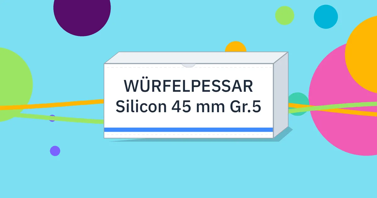 Symbolbild: Packung mit der Aufschrift WÜRFELPESSAR Silicon 45 mm Gr.5 (PZN 07702343) – Verfügbarkeit und Bezug in Apotheken in Frankfurt am Main