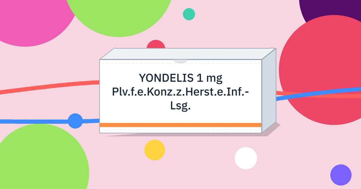 Symbolbild: Packung mit der Aufschrift YONDELIS 1 mg Plv.f.e.Konz.z.Herst.e.Inf.-Lsg. (PZN 18194223) – Verfügbarkeit und Bezug in Apotheken in Frankfurt am Main