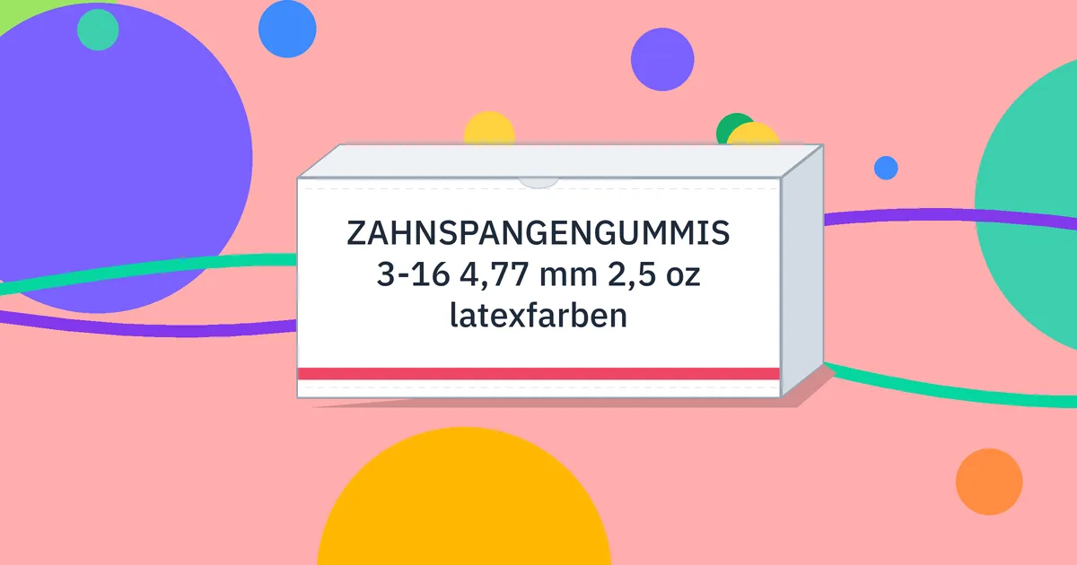 Symbolbild: Packung mit der Aufschrift ZAHNSPANGENGUMMIS 3-16 4,77 mm 2,5 oz latexfarben (PZN 19857849) – Verfügbarkeit und Bezug in Apotheken in Frankfurt am Main