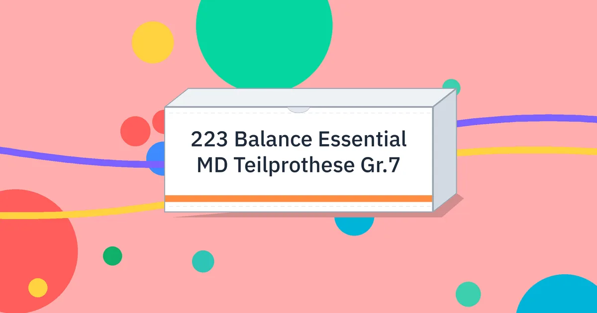 Symbolbild: Packung mit der Aufschrift 223 Balance Essential MD Teilprothese Gr.7 (PZN 18721958) – Verfügbarkeit und Bezug in Apotheken in Frankfurt am Main
