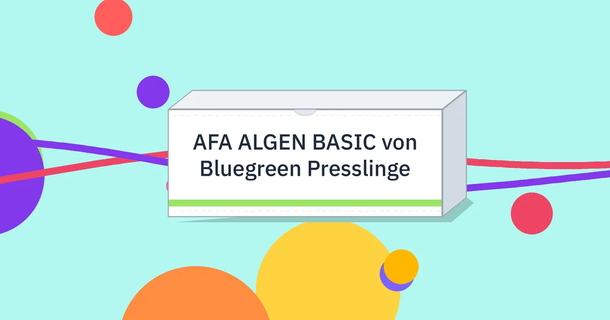 Symbolbild: Packung mit der Aufschrift AFA ALGEN BASIC von Bluegreen Presslinge (PZN 13878129) – Verfügbarkeit und Bezug in Apotheken in Frankfurt am Main