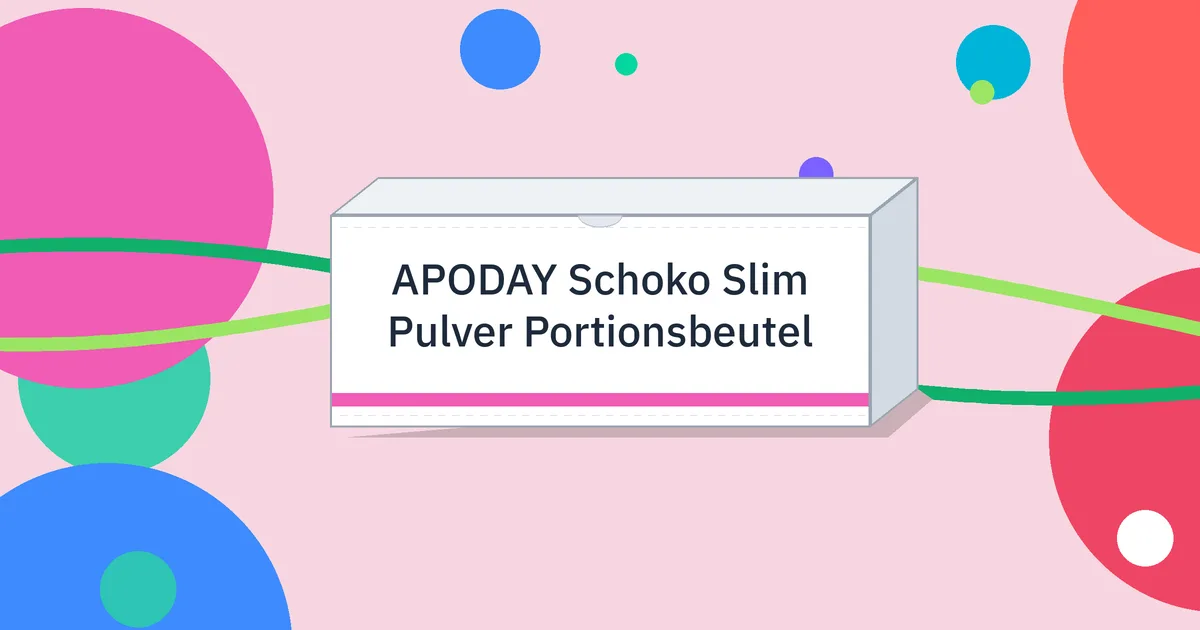 Symbolbild: Packung mit der Aufschrift APODAY Schoko Slim Pulver Portionsbeutel (PZN 10123844) – Verfügbarkeit und Bezug in Apotheken in Frankfurt am Main