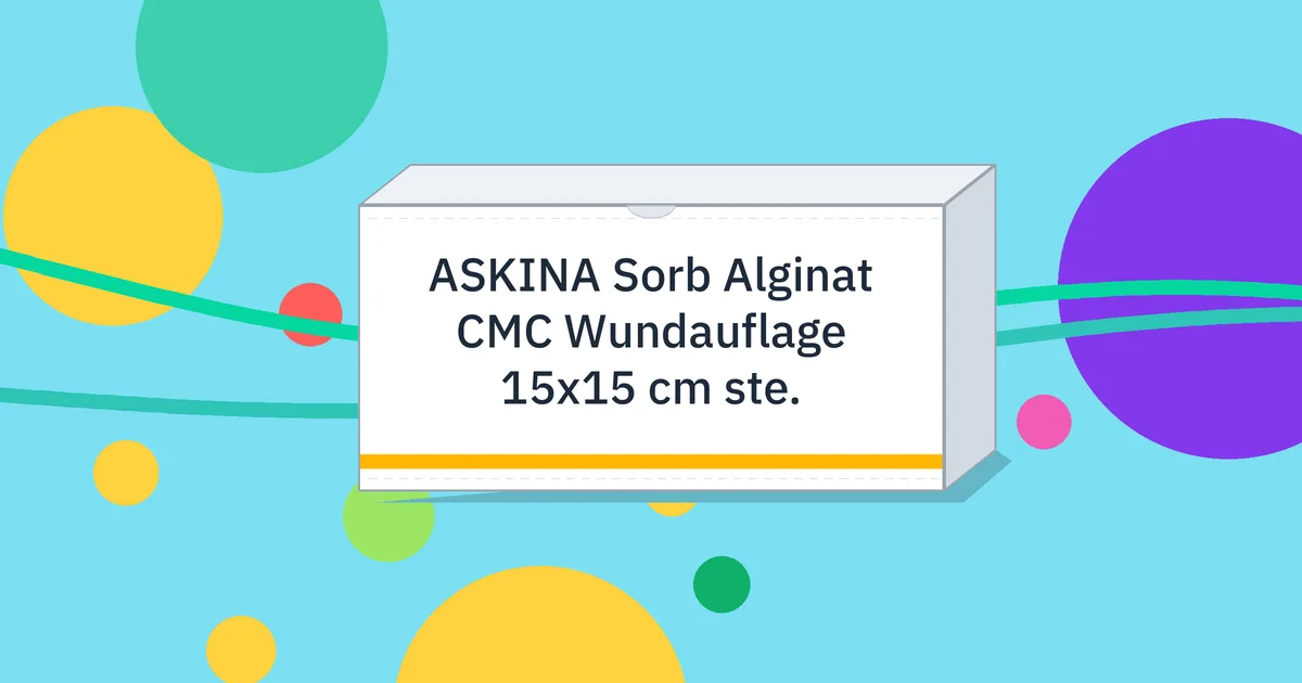 Symbolbild: Packung mit der Aufschrift ASKINA Sorb Alginat CMC Wundauflage 15x15 cm ste. (PZN 02252102) – Verfügbarkeit und Bezug in Apotheken in Frankfurt am Main