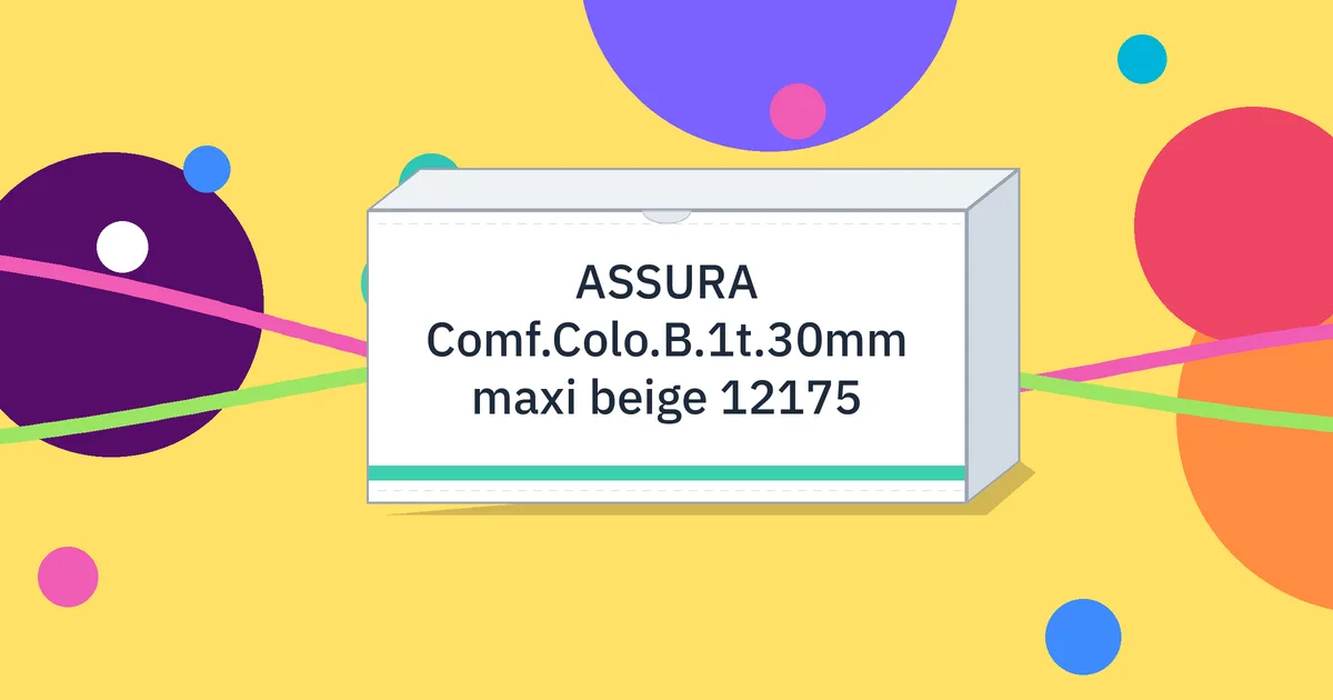Symbolbild: Packung mit der Aufschrift ASSURA Comf.Colo.B.1t.30mm maxi beige 12175 (PZN 00893104) – Verfügbarkeit und Bezug in Apotheken in Frankfurt am Main