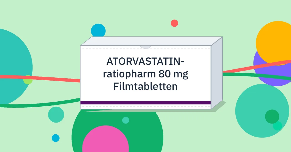 Symbolbild: Packung mit der Aufschrift ATORVASTATIN-ratiopharm 80 mg Filmtabletten (PZN 09292955) – Verfügbarkeit und Bezug in Apotheken in Frankfurt am Main