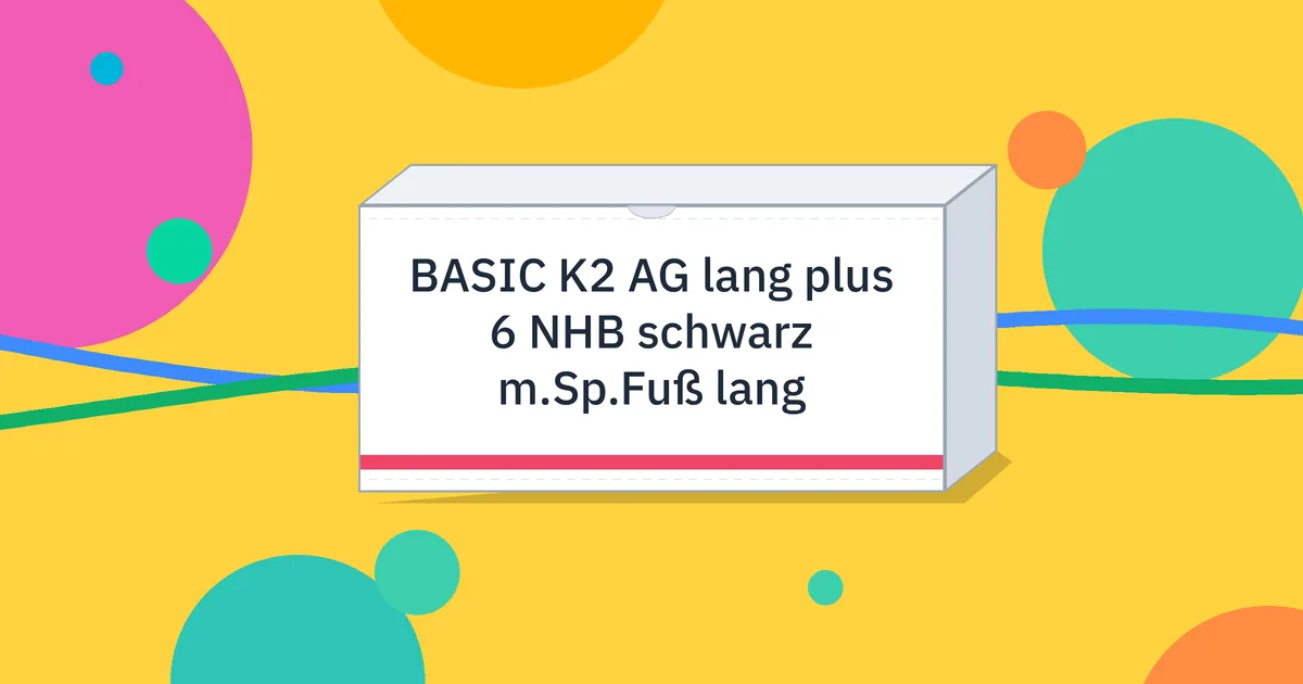 Symbolbild: Packung mit der Aufschrift BASIC K2 AG lang plus 6 NHB schwarz m.Sp.Fuß lang (PZN 20268325) – Verfügbarkeit und Bezug in Apotheken in Frankfurt am Main