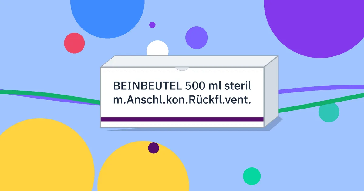 Symbolbild: Packung mit der Aufschrift BEINBEUTEL 500 ml steril m.Anschl.kon.Rückfl.vent. (PZN 04211337) – Verfügbarkeit und Bezug in Apotheken in Frankfurt am Main