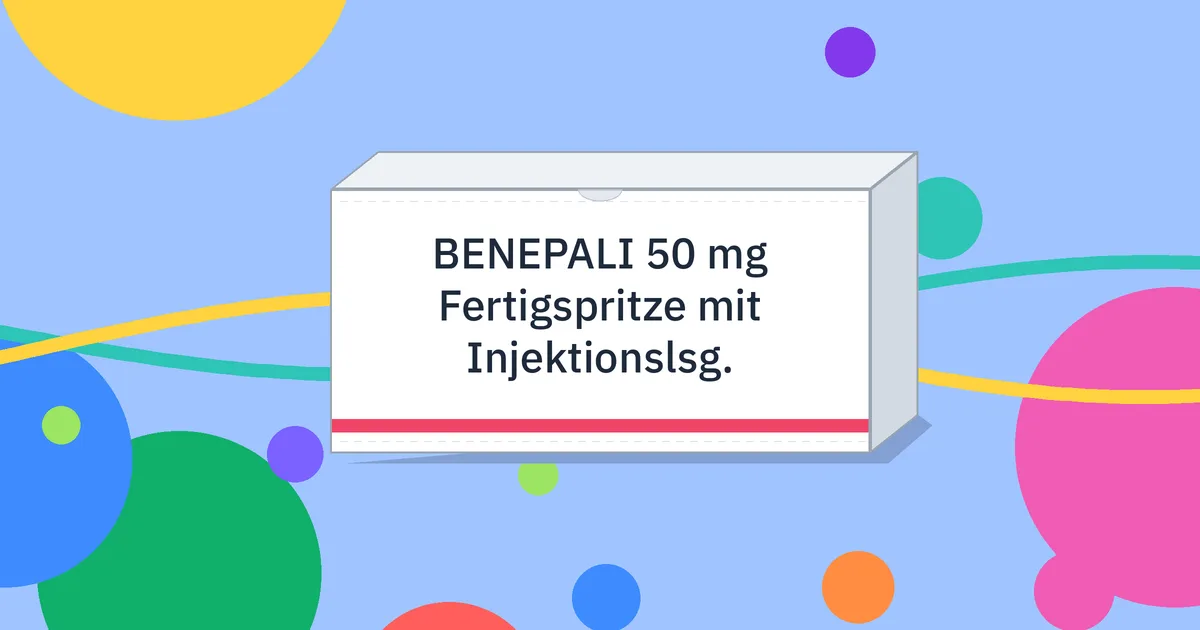Symbolbild: Packung mit der Aufschrift BENEPALI 50 mg Fertigspritze mit Injektionslsg. (PZN 15620079) – Verfügbarkeit und Bezug in Apotheken in Frankfurt am Main