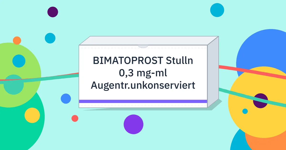 Symbolbild: Packung mit der Aufschrift BIMATOPROST Stulln 0,3 mg-ml Augentr.unkonserviert (PZN 17943935) – Verfügbarkeit und Bezug in Apotheken in Frankfurt am Main