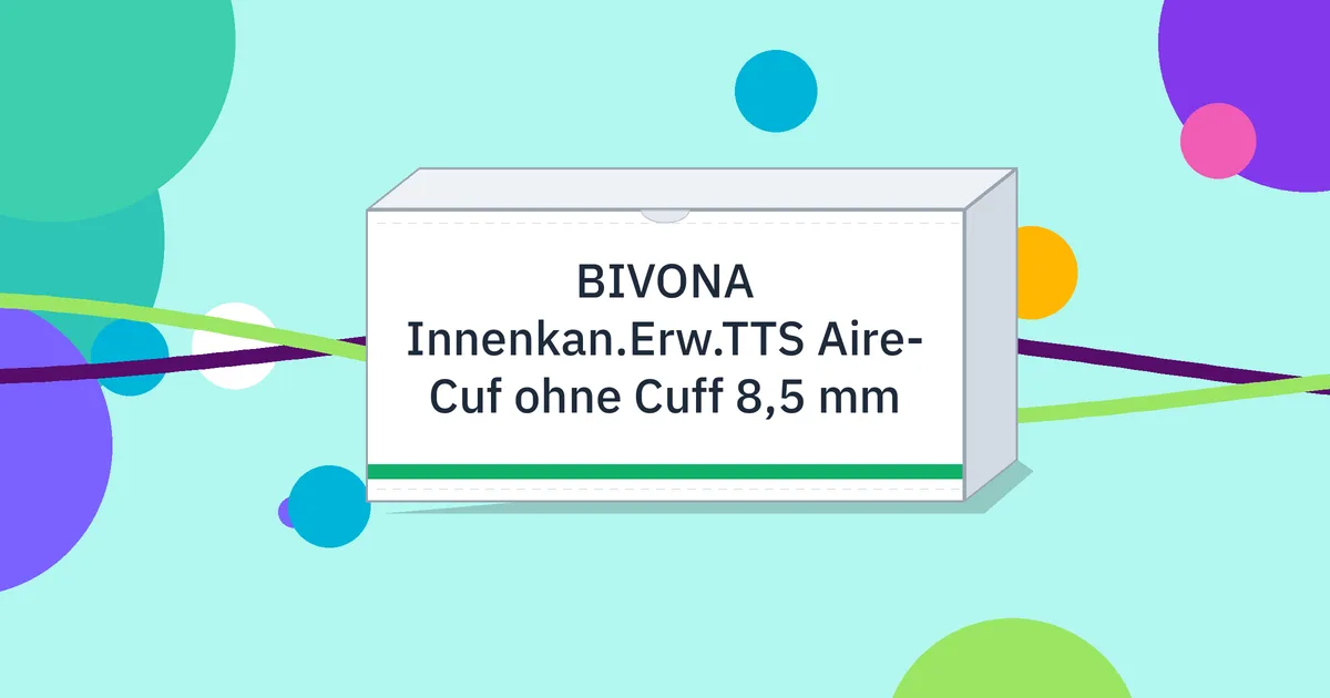 Symbolbild: Packung mit der Aufschrift BIVONA Innenkan.Erw.TTS Aire-Cuf ohne Cuff 8,5 mm (PZN 01301614) – Verfügbarkeit und Bezug in Apotheken in Frankfurt am Main