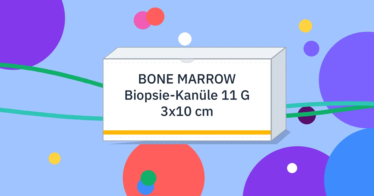 Symbolbild: Packung mit der Aufschrift BONE MARROW Biopsie-Kanüle 11 G 3x10 cm (PZN 20085501) – Verfügbarkeit und Bezug in Apotheken in Frankfurt am Main