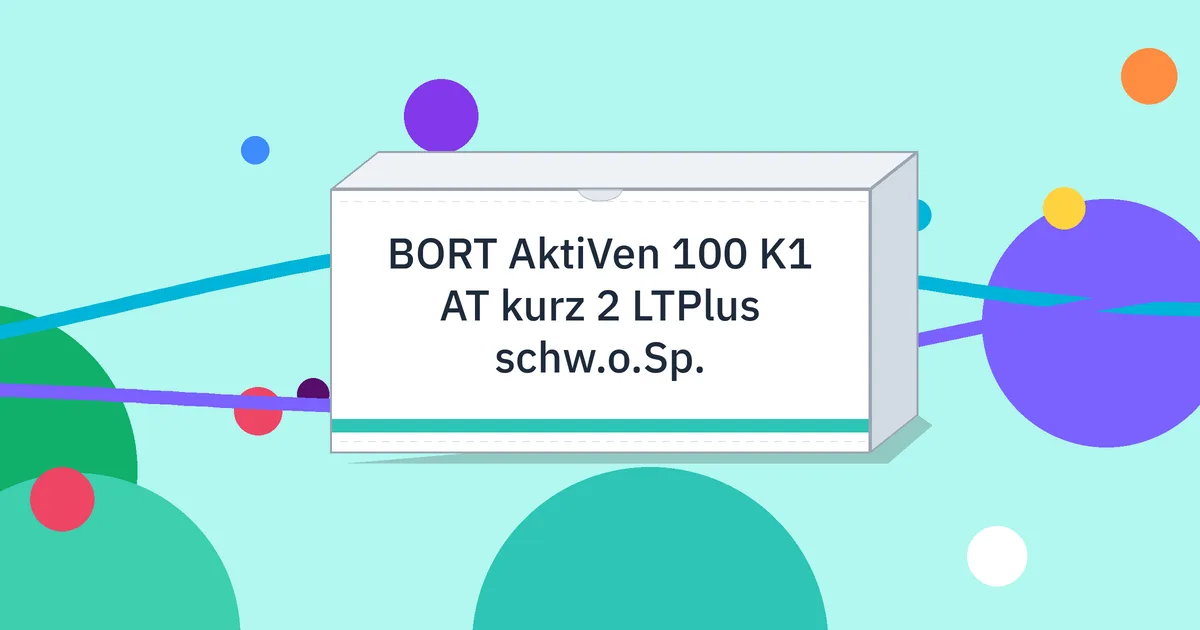 Symbolbild: Packung mit der Aufschrift BORT AktiVen 100 K1 AT kurz 2 LTPlus schw.o.Sp. (PZN 18175786) – Verfügbarkeit und Bezug in Apotheken in Frankfurt am Main