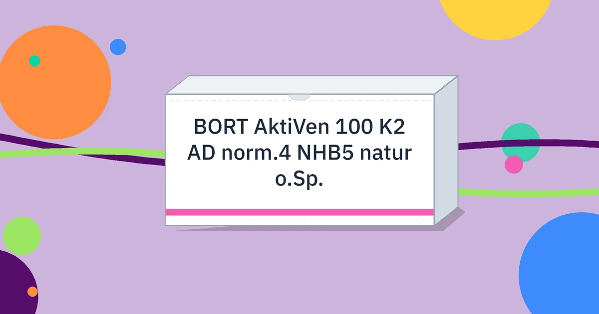 Symbolbild: Packung mit der Aufschrift BORT AktiVen 100 K2 AD norm.4 NHB5 natur o.Sp. (PZN 17493805) – Verfügbarkeit und Bezug in Apotheken in Frankfurt am Main