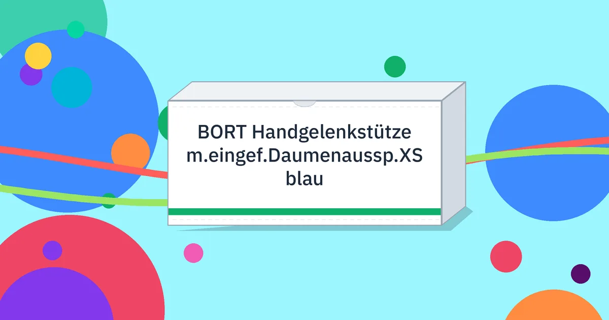Symbolbild: Packung mit der Aufschrift BORT Handgelenkstütze m.eingef.Daumenaussp.XS blau (PZN 00224053) – Verfügbarkeit und Bezug in Apotheken in Frankfurt am Main