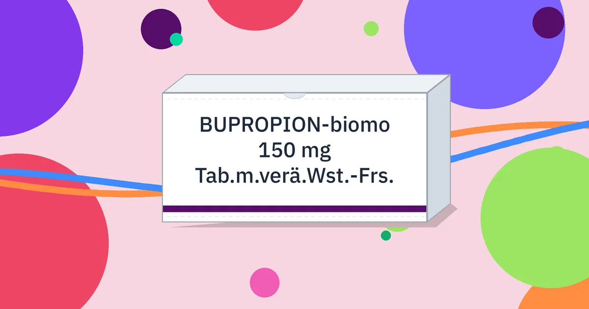 Symbolbild: Packung mit der Aufschrift BUPROPION-biomo 150 mg Tab.m.verä.Wst.-Frs. (PZN 14413361) – Verfügbarkeit und Bezug in Apotheken in Frankfurt am Main