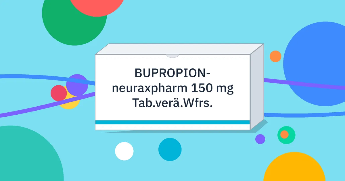 Symbolbild: Packung mit der Aufschrift BUPROPION-neuraxpharm 150 mg Tab.verä.Wfrs. (PZN 17953796) – Verfügbarkeit und Bezug in Apotheken in Frankfurt am Main