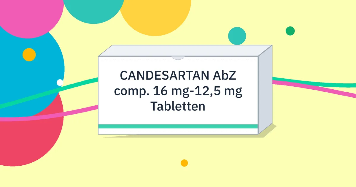 Symbolbild: Packung mit der Aufschrift CANDESARTAN AbZ comp. 16 mg-12,5 mg Tabletten (PZN 09123968) – Verfügbarkeit und Bezug in Apotheken in Frankfurt am Main