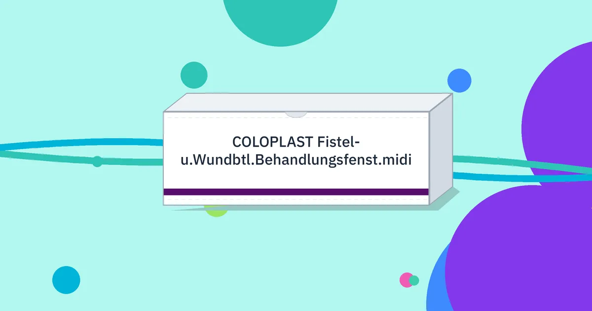 Symbolbild: Packung mit der Aufschrift COLOPLAST Fistel- u.Wundbtl.Behandlungsfenst.midi (PZN 18224243) – Verfügbarkeit und Bezug in Apotheken in Frankfurt am Main