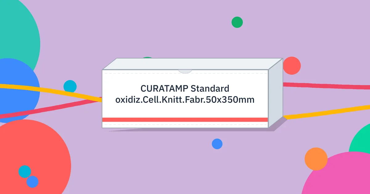 Symbolbild: Packung mit der Aufschrift CURATAMP Standard oxidiz.Cell.Knitt.Fabr.50x350mm (PZN 16211064) – Verfügbarkeit und Bezug in Apotheken in Frankfurt am Main