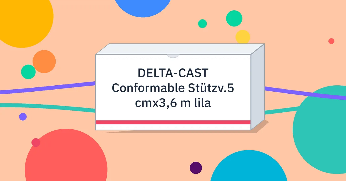 Symbolbild: Packung mit der Aufschrift DELTA-CAST Conformable Stützv.5 cmx3,6 m lila (PZN 01426942) – Verfügbarkeit und Bezug in Apotheken in Frankfurt am Main