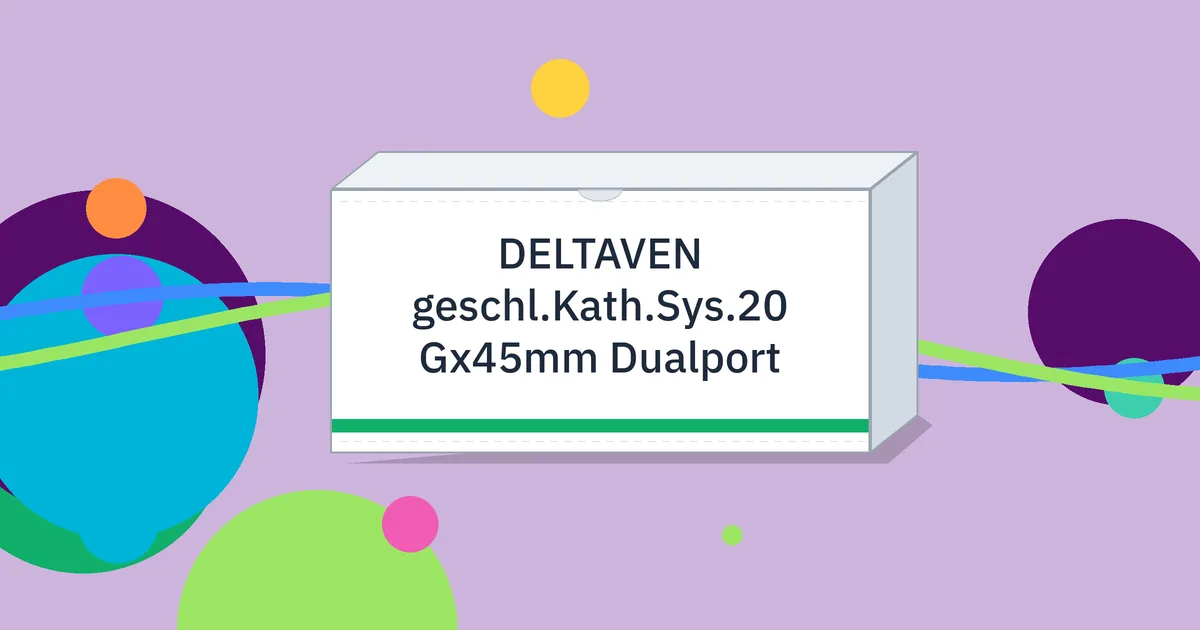 Symbolbild: Packung mit der Aufschrift DELTAVEN geschl.Kath.Sys.20 Gx45mm Dualport (PZN 13977618) – Verfügbarkeit und Bezug in Apotheken in Frankfurt am Main