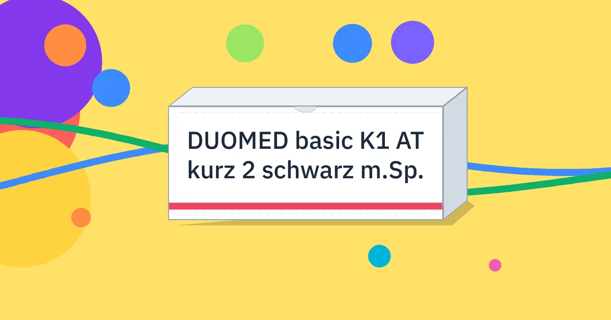 Symbolbild: Packung mit der Aufschrift DUOMED basic K1 AT kurz 2 schwarz m.Sp. (PZN 20903106) – Verfügbarkeit und Bezug in Apotheken in Frankfurt am Main