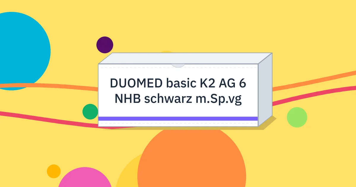 Symbolbild: Packung mit der Aufschrift DUOMED basic K2 AG 6 NHB schwarz m.Sp.vg (PZN 20908948) – Verfügbarkeit und Bezug in Apotheken in Frankfurt am Main