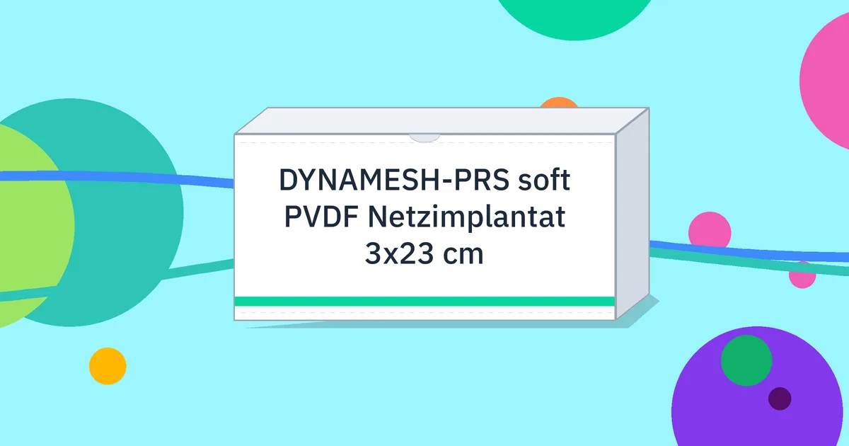 Symbolbild: Packung mit der Aufschrift DYNAMESH-PRS soft PVDF Netzimplantat 3x23 cm (PZN 19389986) – Verfügbarkeit und Bezug in Apotheken in Frankfurt am Main