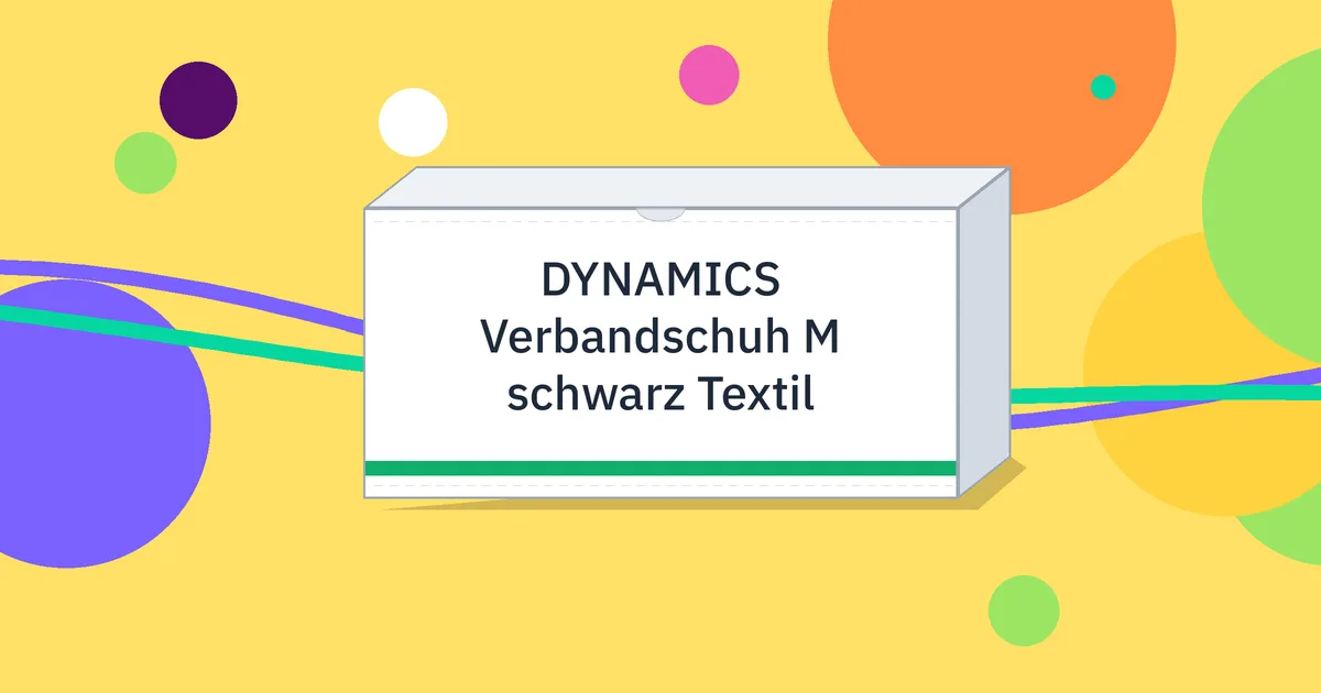 Symbolbild: Packung mit der Aufschrift DYNAMICS Verbandschuh M schwarz Textil (PZN 10635716) – Verfügbarkeit und Bezug in Apotheken in Frankfurt am Main