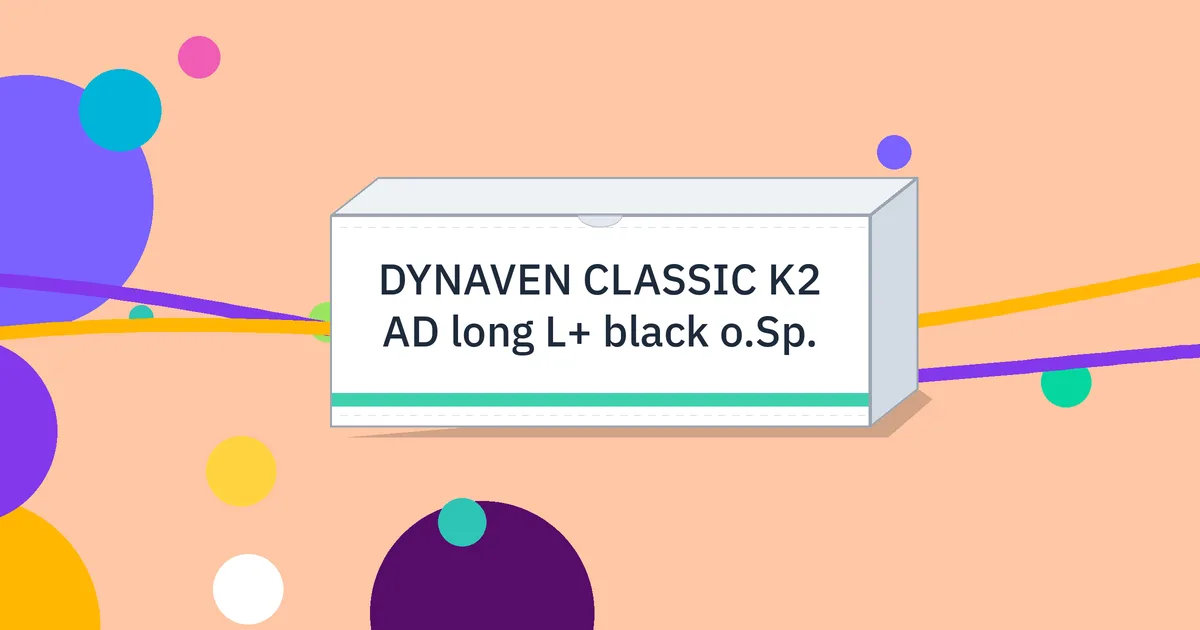 Symbolbild: Packung mit der Aufschrift DYNAVEN CLASSIC K2 AD long L+ black o.Sp. (PZN 18417226) – Verfügbarkeit und Bezug in Apotheken in Frankfurt am Main