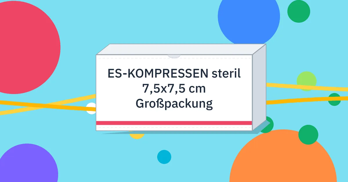 Symbolbild: Packung mit der Aufschrift ES-KOMPRESSEN steril 7,5x7,5 cm Großpackung (PZN 17434180) – Verfügbarkeit und Bezug in Apotheken in Frankfurt am Main