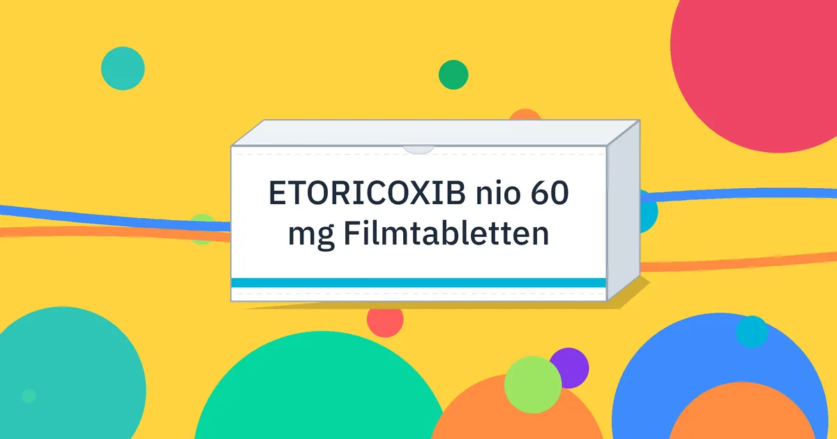 Symbolbild: Packung mit der Aufschrift ETORICOXIB nio 60 mg Filmtabletten (PZN 20348082) – Verfügbarkeit und Bezug in Apotheken in Frankfurt am Main