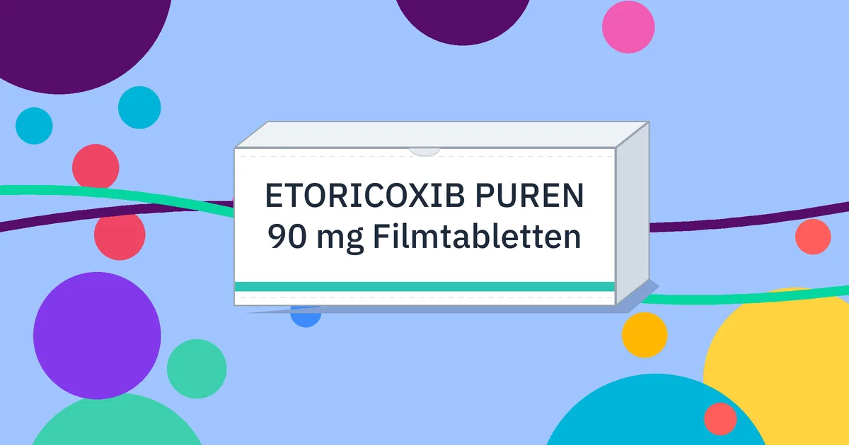 Symbolbild: Packung mit der Aufschrift ETORICOXIB PUREN 90 mg Filmtabletten (PZN 12361714) – Verfügbarkeit und Bezug in Apotheken in Frankfurt am Main