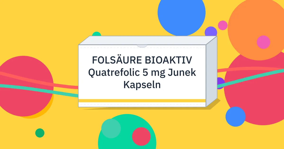 Symbolbild: Packung mit der Aufschrift FOLSÄURE BIOAKTIV Quatrefolic 5 mg Junek Kapseln (PZN 18311083) – Verfügbarkeit und Bezug in Apotheken in Frankfurt am Main