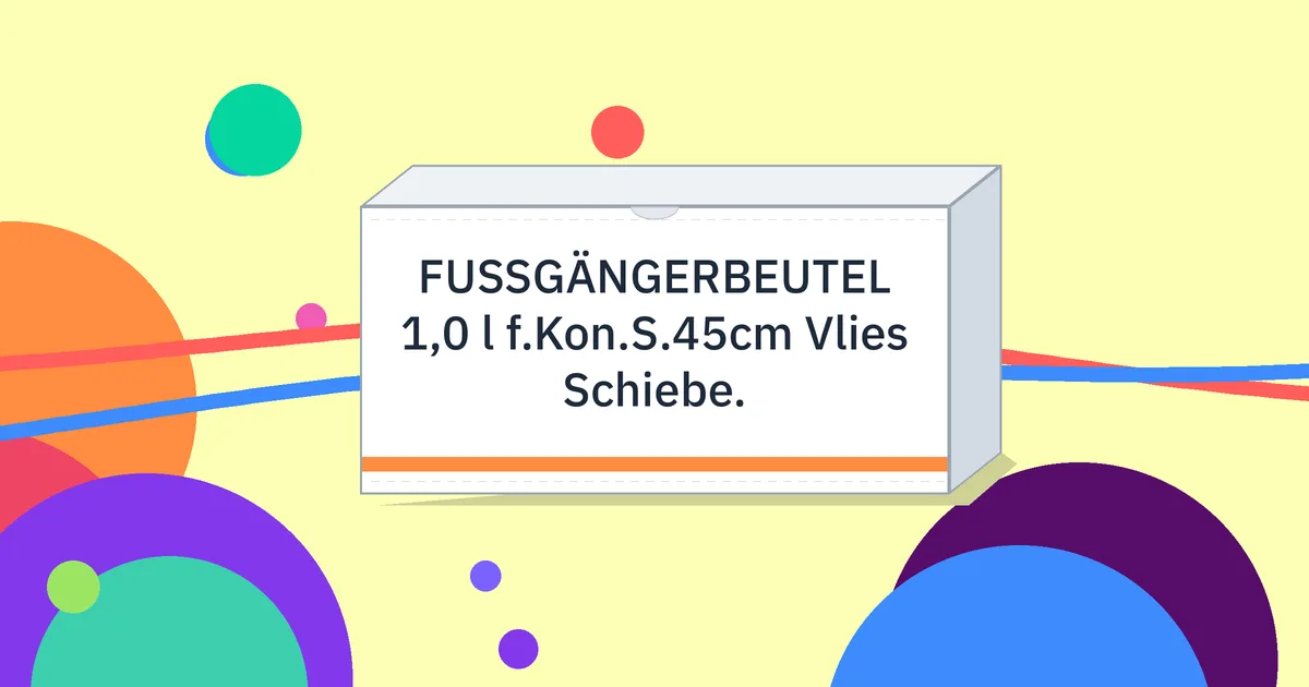 Symbolbild: Packung mit der Aufschrift FUSSGÄNGERBEUTEL 1,0 l f.Kon.S.45cm Vlies Schiebe. (PZN 06096633) – Verfügbarkeit und Bezug in Apotheken in Frankfurt am Main