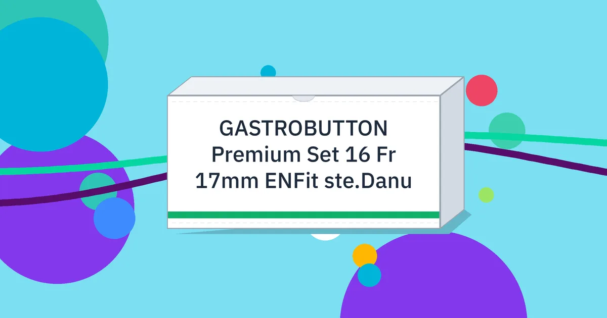 Symbolbild: Packung mit der Aufschrift GASTROBUTTON Premium Set 16 Fr 17mm ENFit ste.Danu (PZN 16883591) – Verfügbarkeit und Bezug in Apotheken in Frankfurt am Main