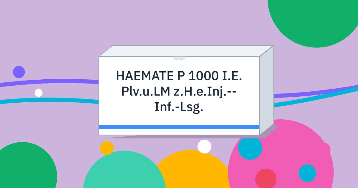 Symbolbild: Packung mit der Aufschrift HAEMATE P 1000 I.E. Plv.u.LM z.H.e.Inj.--Inf.-Lsg. (PZN 03331128) – Verfügbarkeit und Bezug in Apotheken in Frankfurt am Main
