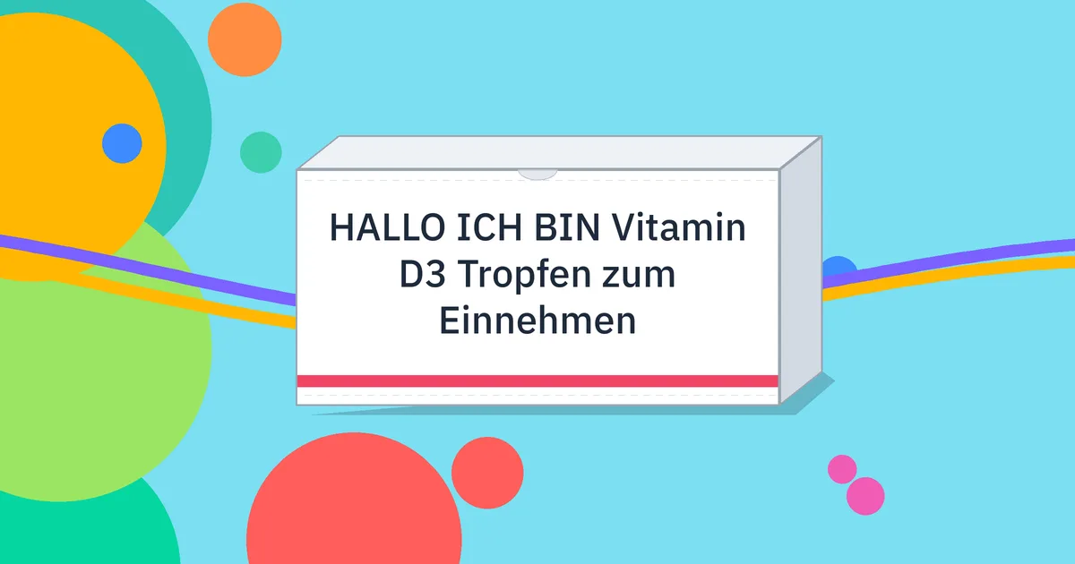 Symbolbild: Packung mit der Aufschrift HALLO ICH BIN Vitamin D3 Tropfen zum Einnehmen (PZN 14365024) – Verfügbarkeit und Bezug in Apotheken in Frankfurt am Main