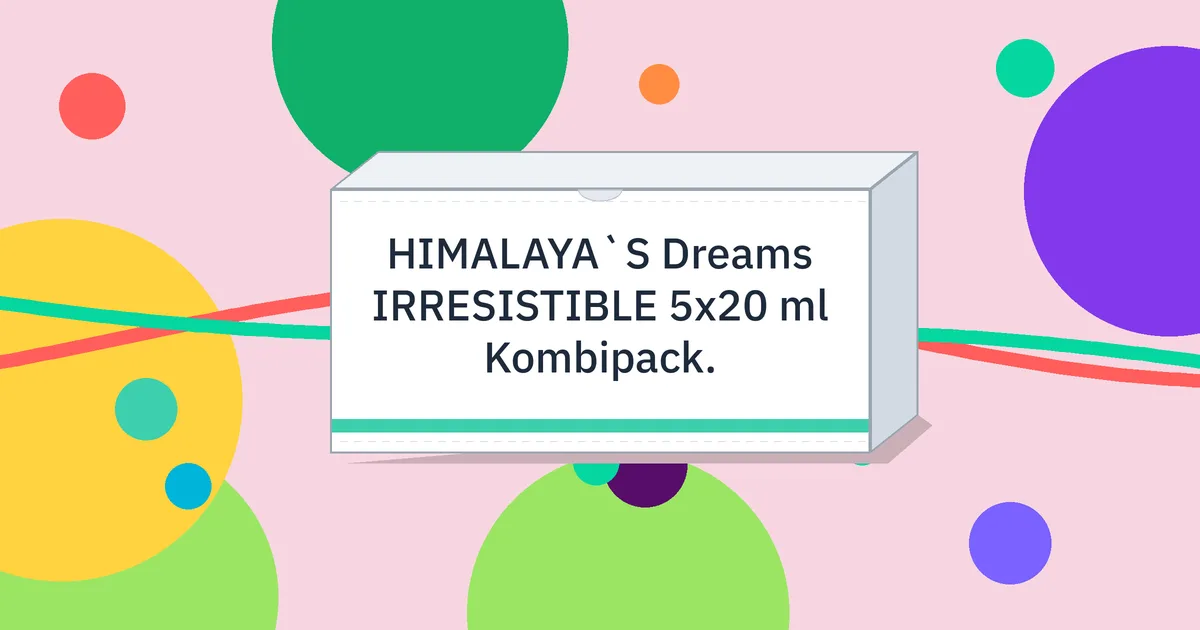 Symbolbild: Packung mit der Aufschrift HIMALAYA`S Dreams IRRESISTIBLE 5x20 ml Kombipack. (PZN 18850957) – Verfügbarkeit und Bezug in Apotheken in Frankfurt am Main