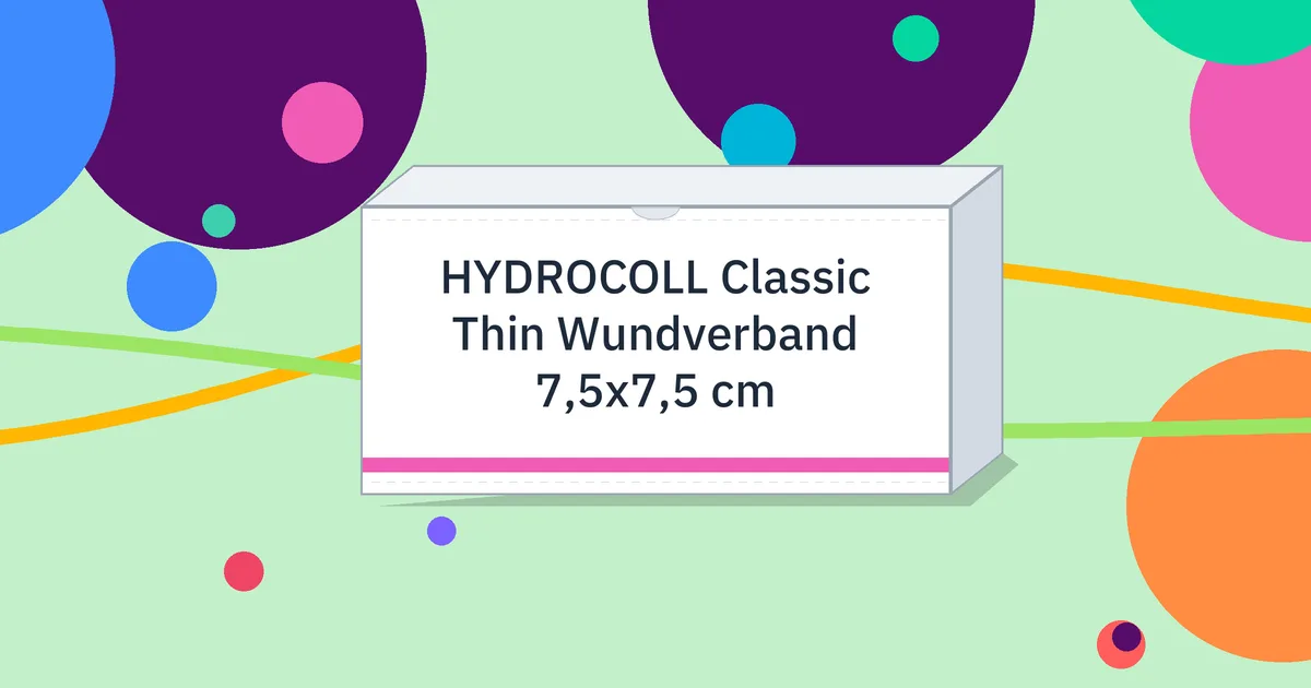 Symbolbild: Packung mit der Aufschrift HYDROCOLL Classic Thin Wundverband 7,5x7,5 cm (PZN 20573784) – Verfügbarkeit und Bezug in Apotheken in Frankfurt am Main